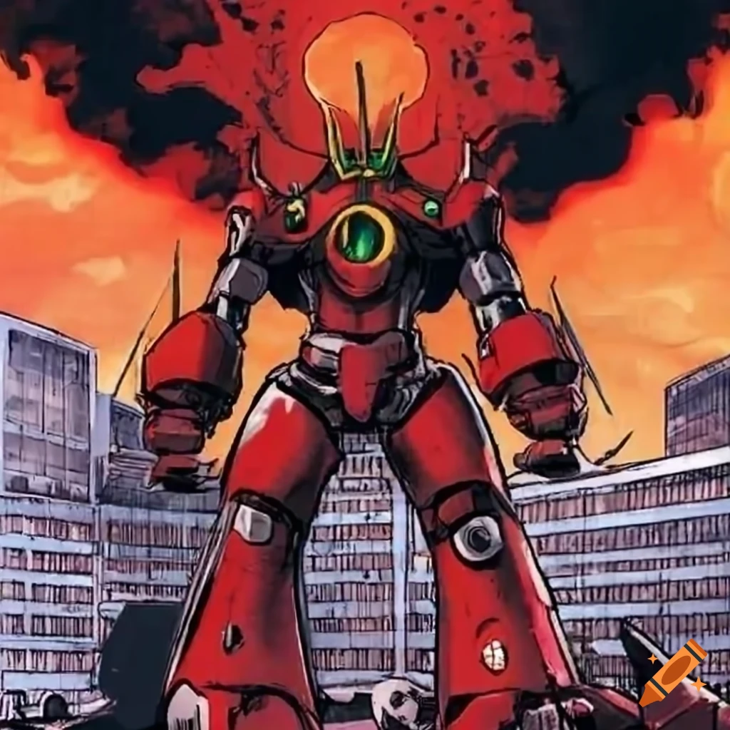 Giant red robot mech suit with missile launcher and sword on Craiyon