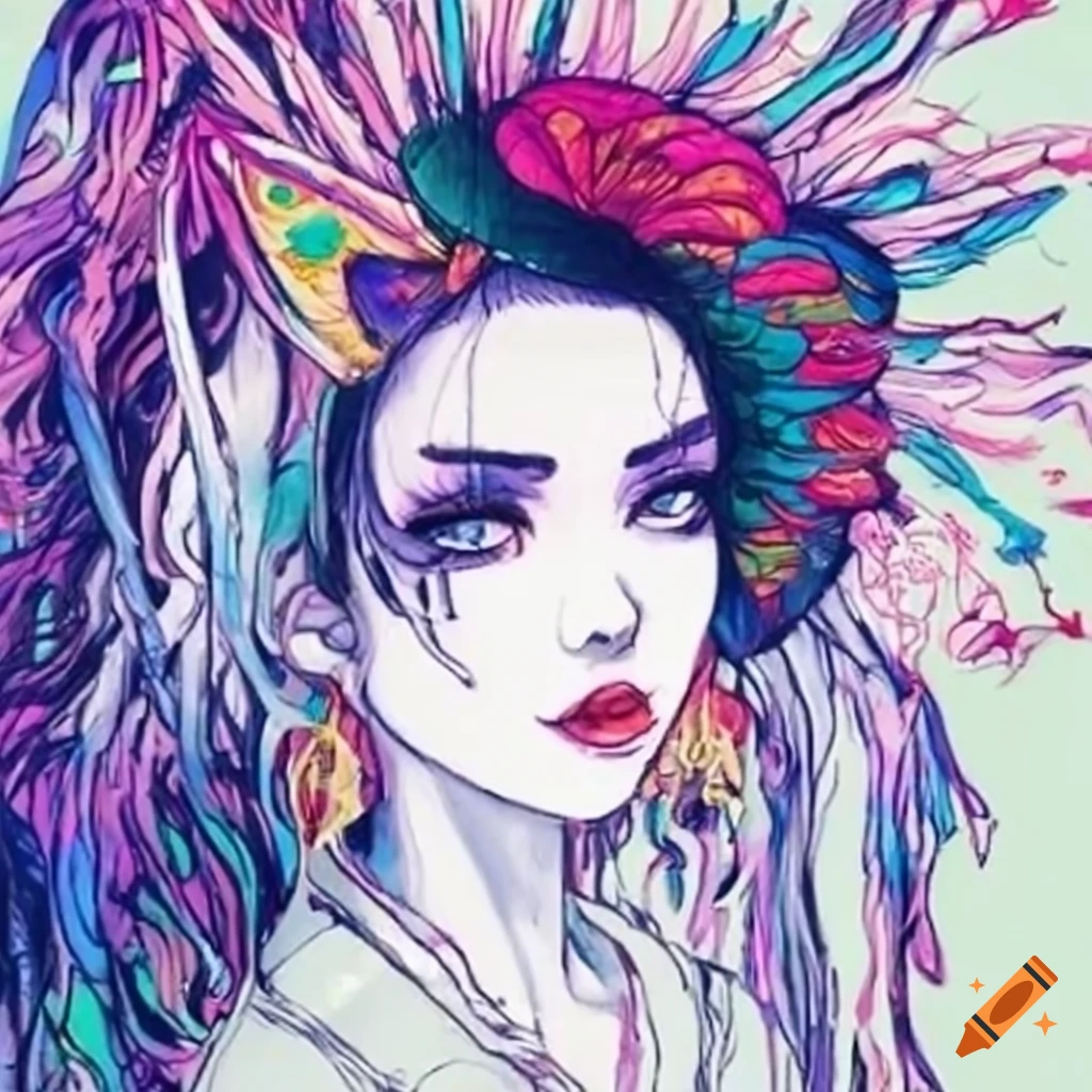 Colorful manga sketch of a japanese woman in white on Craiyon