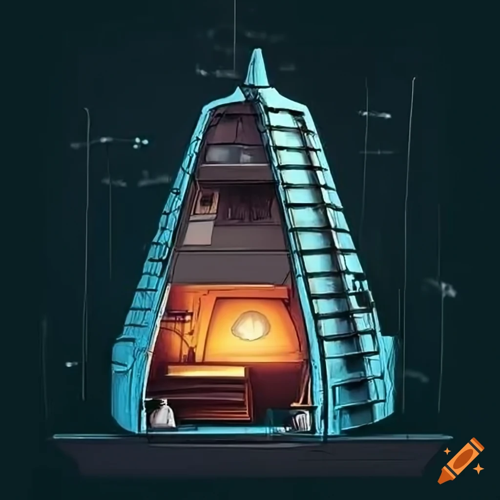 Retro-futuristic technical drawing of a unique living pod on Craiyon