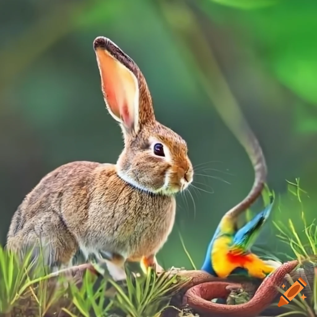 Rabbit, snake, and parrot in the bush on Craiyon