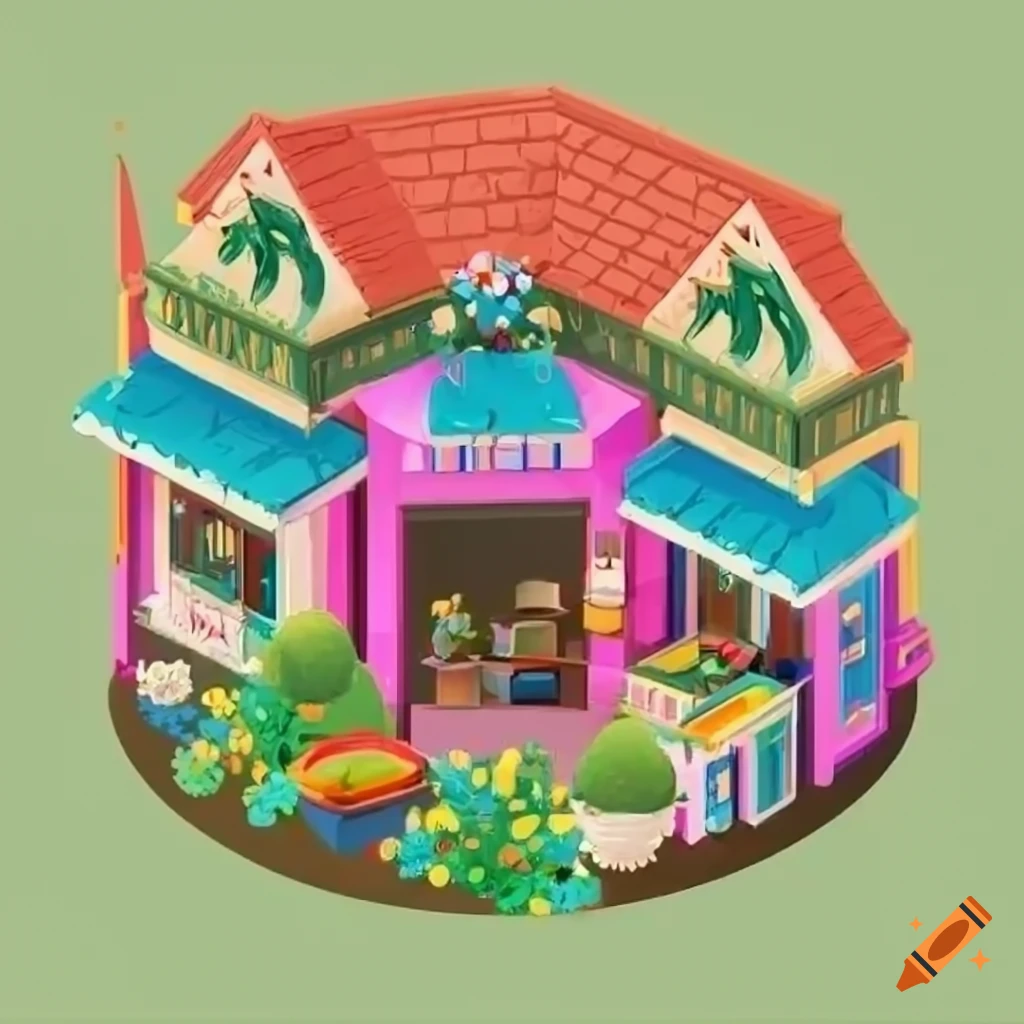 Colorful isometric illustration of a miniature market