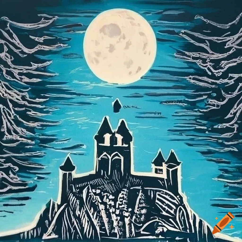 Linocut of a magical castle under the moonlight