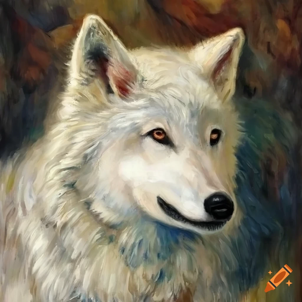 Oil painting of a white wolf in renoir style on Craiyon