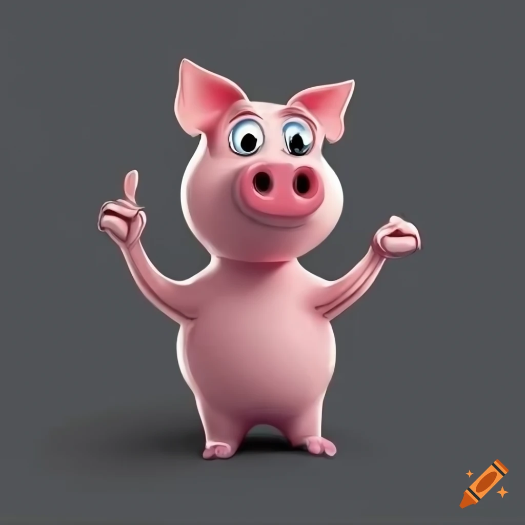Friendly pig cartoon with one hand up