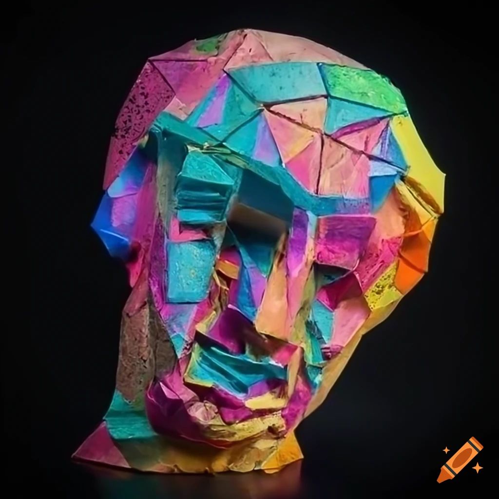 Surreal and colorful sculpture made of recycled paper