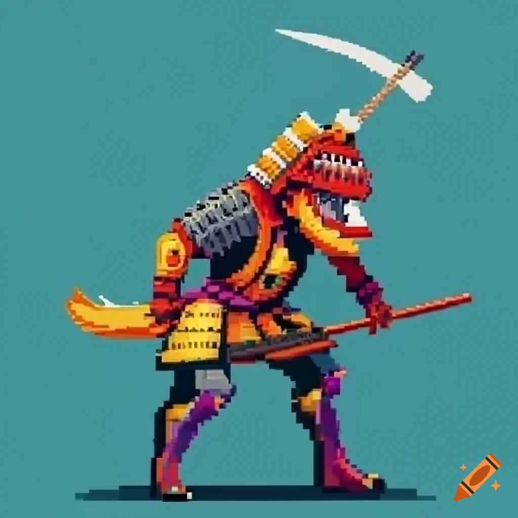 Pixel art of a samurai T-Rex in battle pose on Craiyon