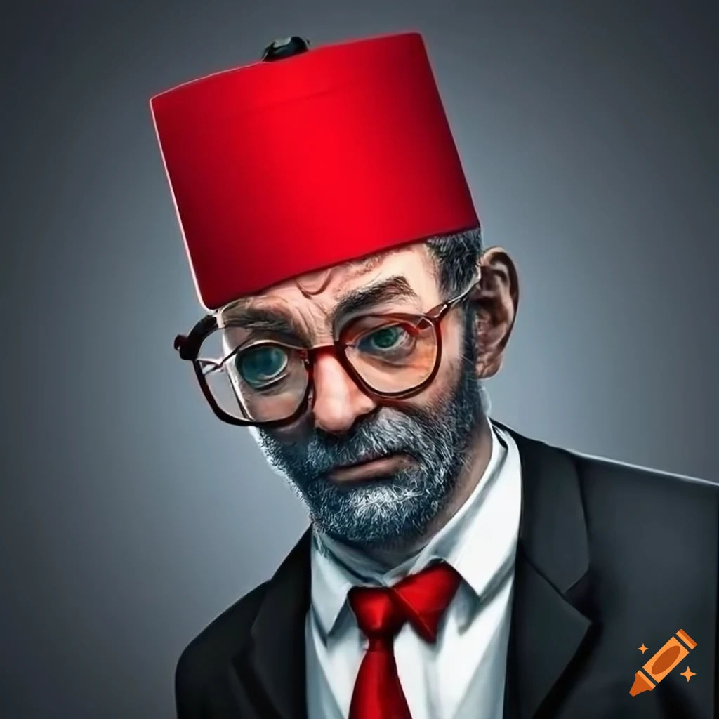 Portrait of a stylish middle-aged man with square glasses and a red fez