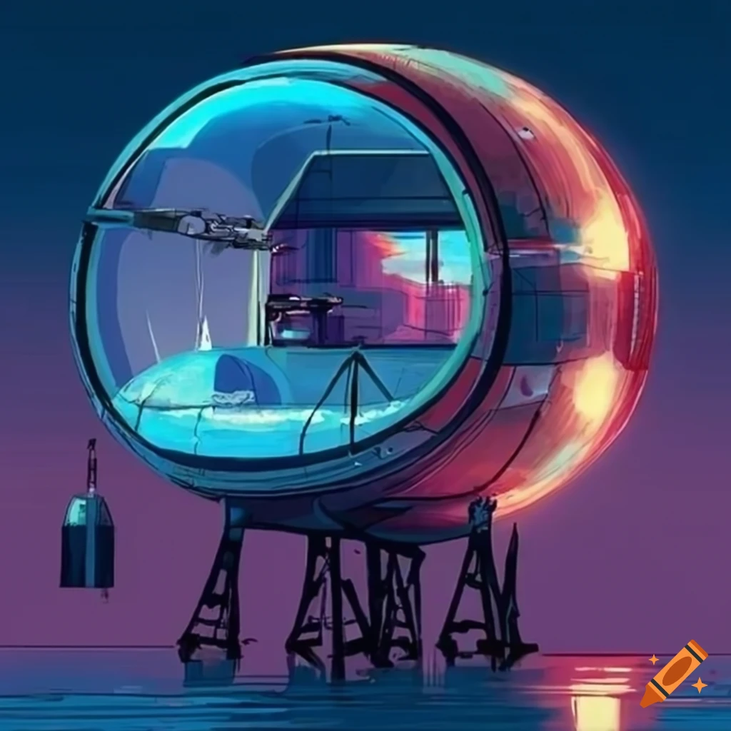 Retro futurism technical drawing of a unique living pod