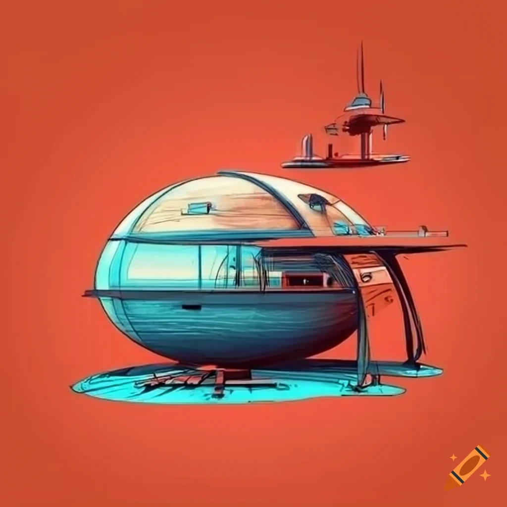 Retro-futurism technical drawing of a living pod workshop on Craiyon