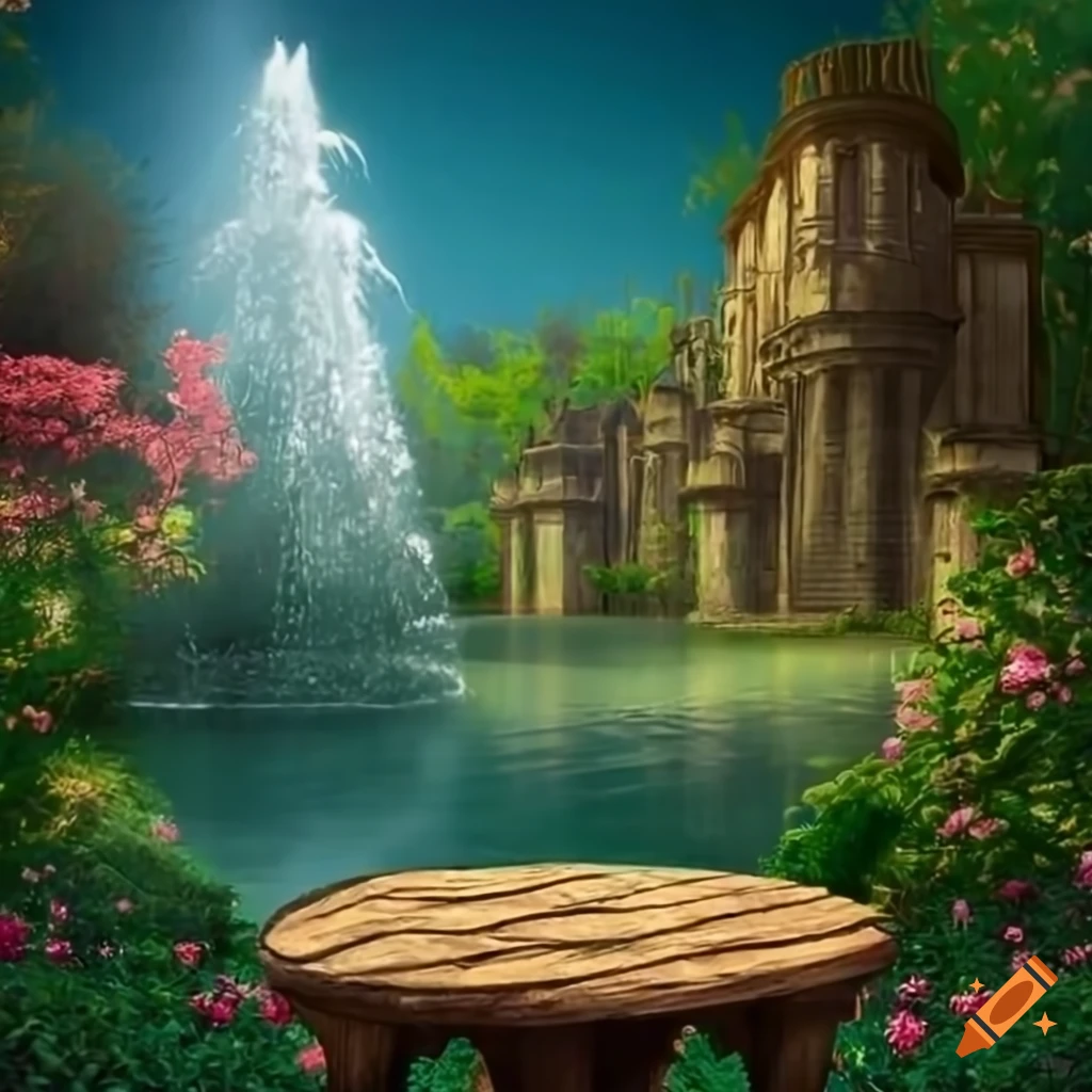 Fantasy garden with a wooden table in the middle on Craiyon