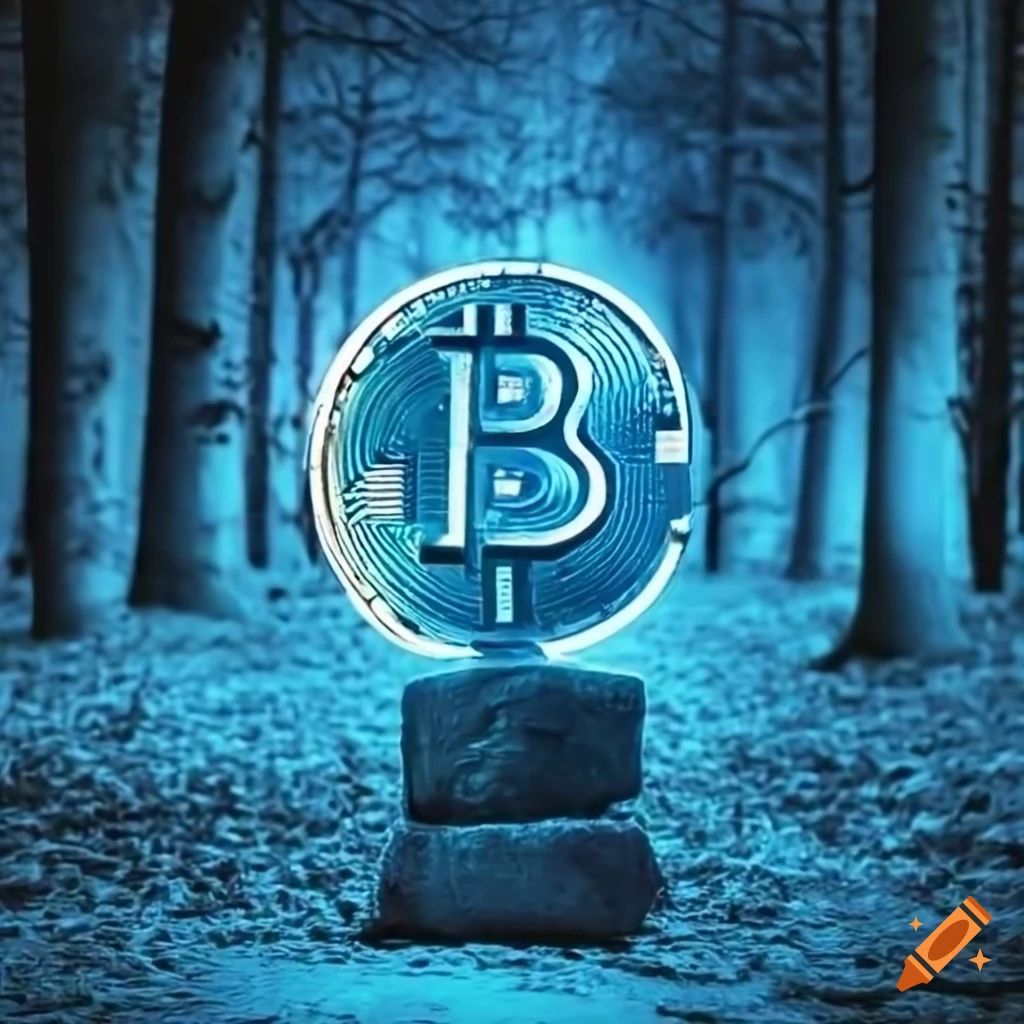 Frontal view of mysterious wizard with glowing green eyes and bitcoin ...