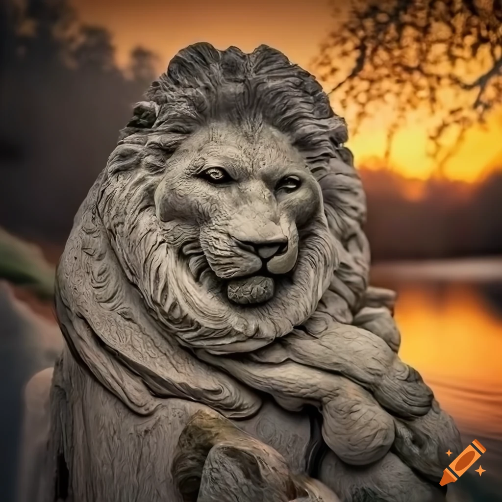Sculpture of a giant wooden lion in the forest on Craiyon