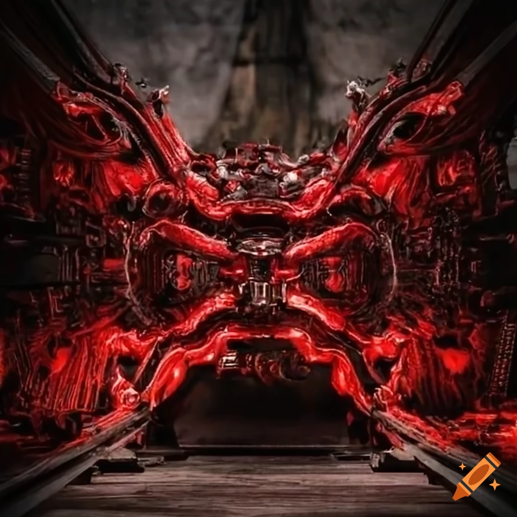 Red and black machinery monster composed of bones on Craiyon