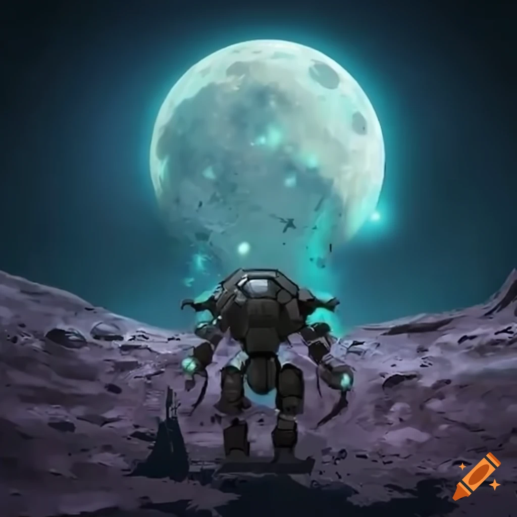Anime style mech suit battling rock monster on the moon