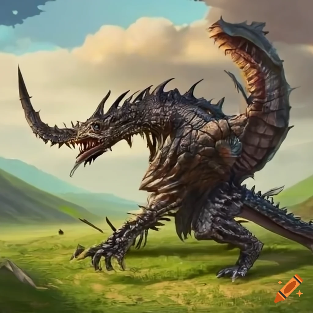 Stone-skinned giant dragon in a grassy field