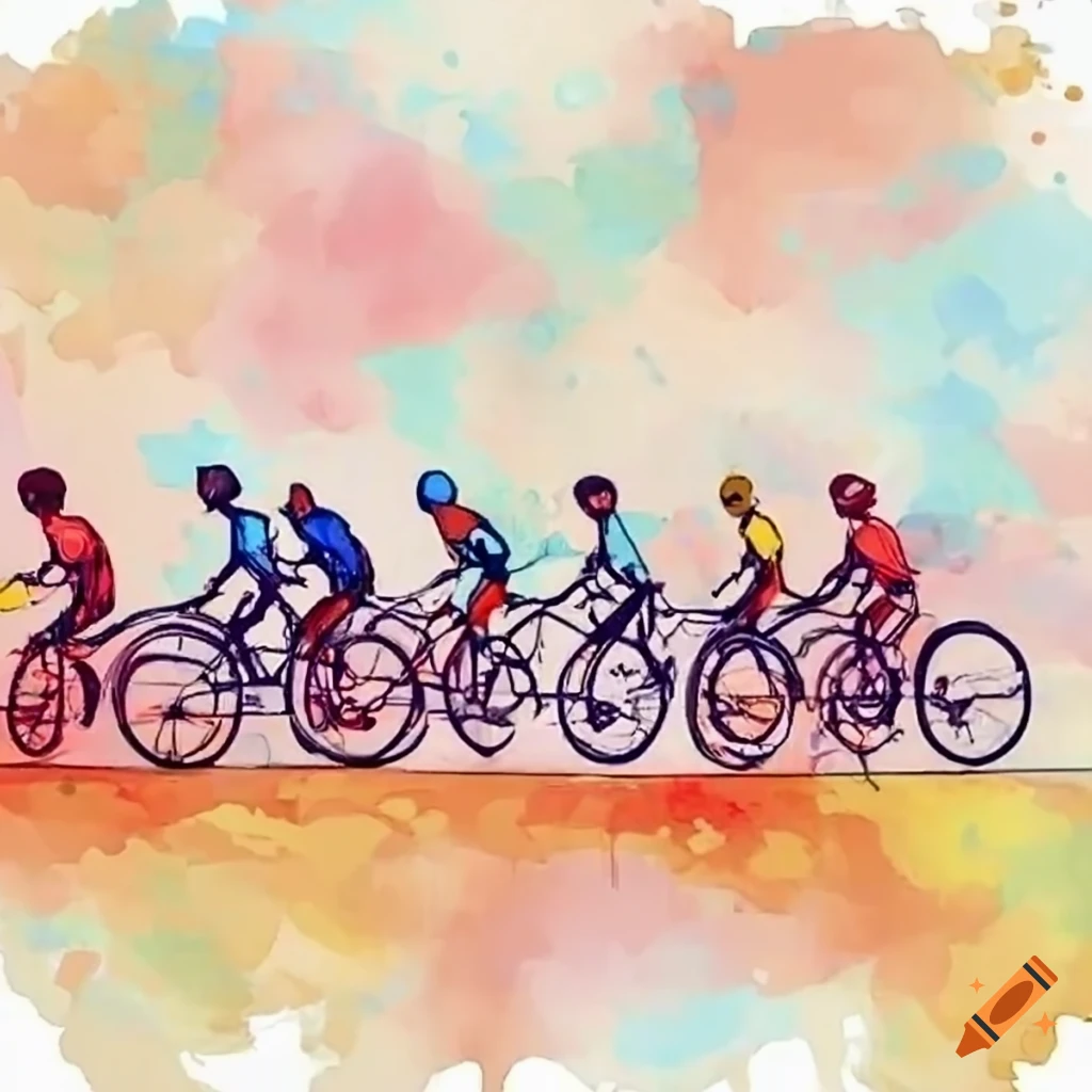 Colorful line drawing of cyclists gathering for a ride