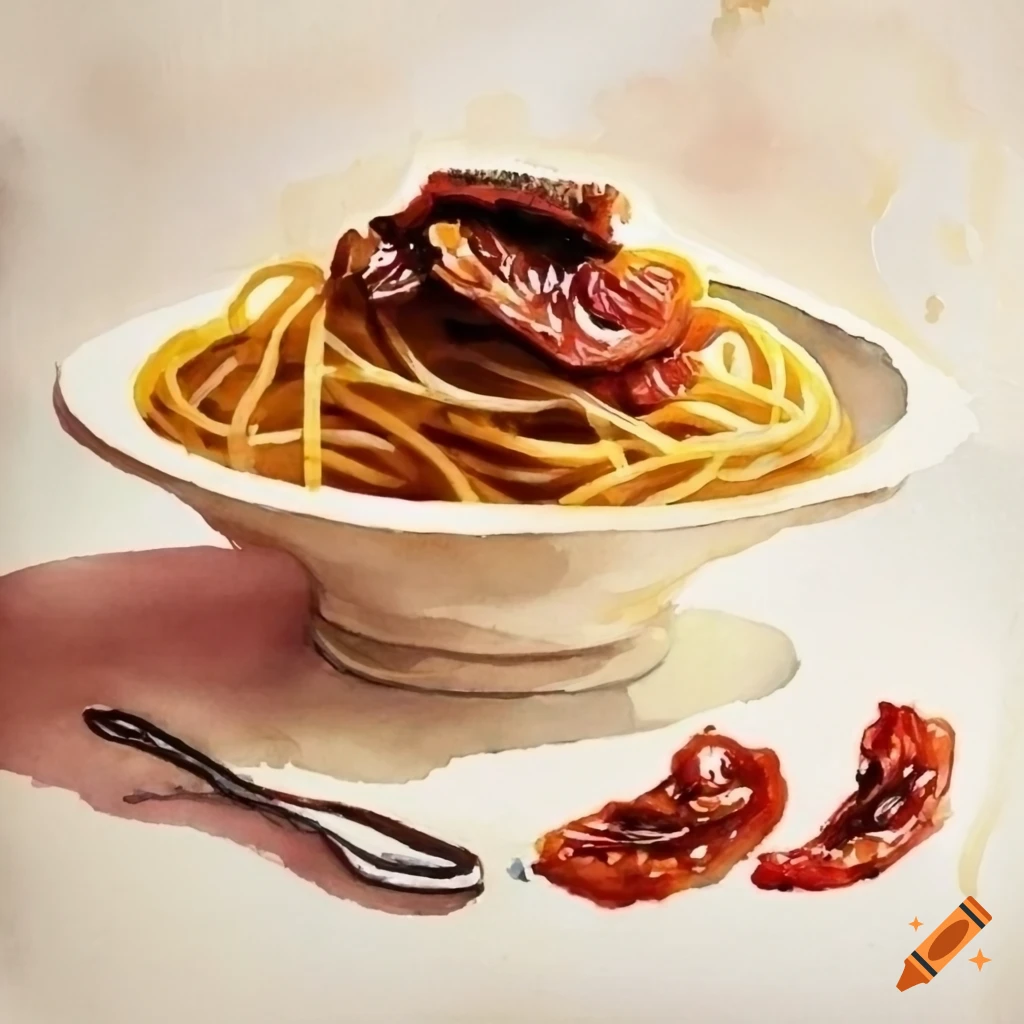 Watercolor painting of spaghetti with dried tomatoes