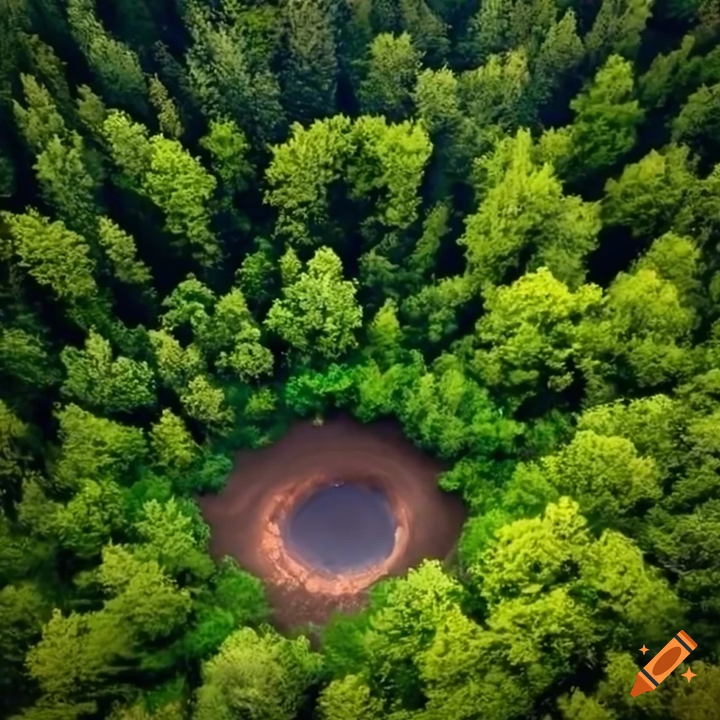 Aerial view of a green forest with a meteorite crater on Craiyon
