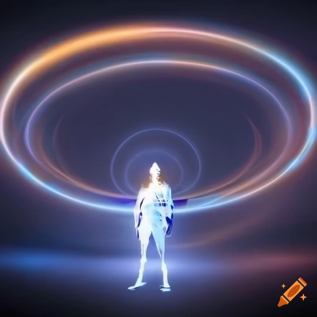 Glowing transparent hero in front of an energy portal on Craiyon