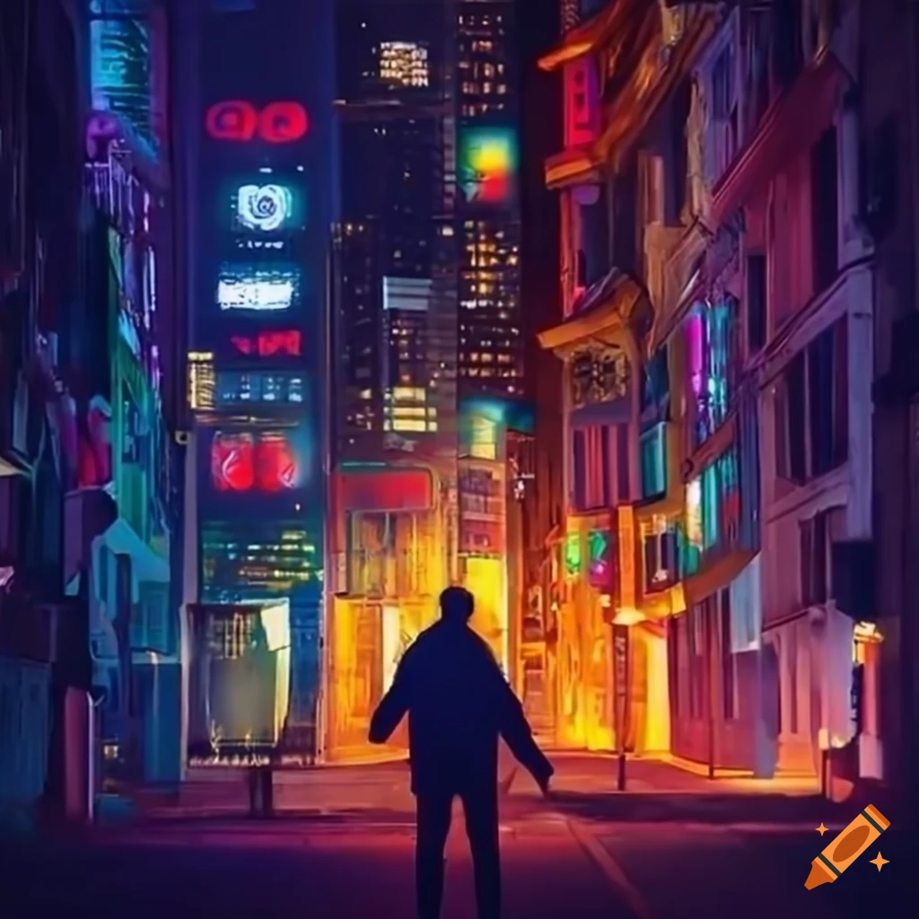Colorful city night scene with a person walking on Craiyon