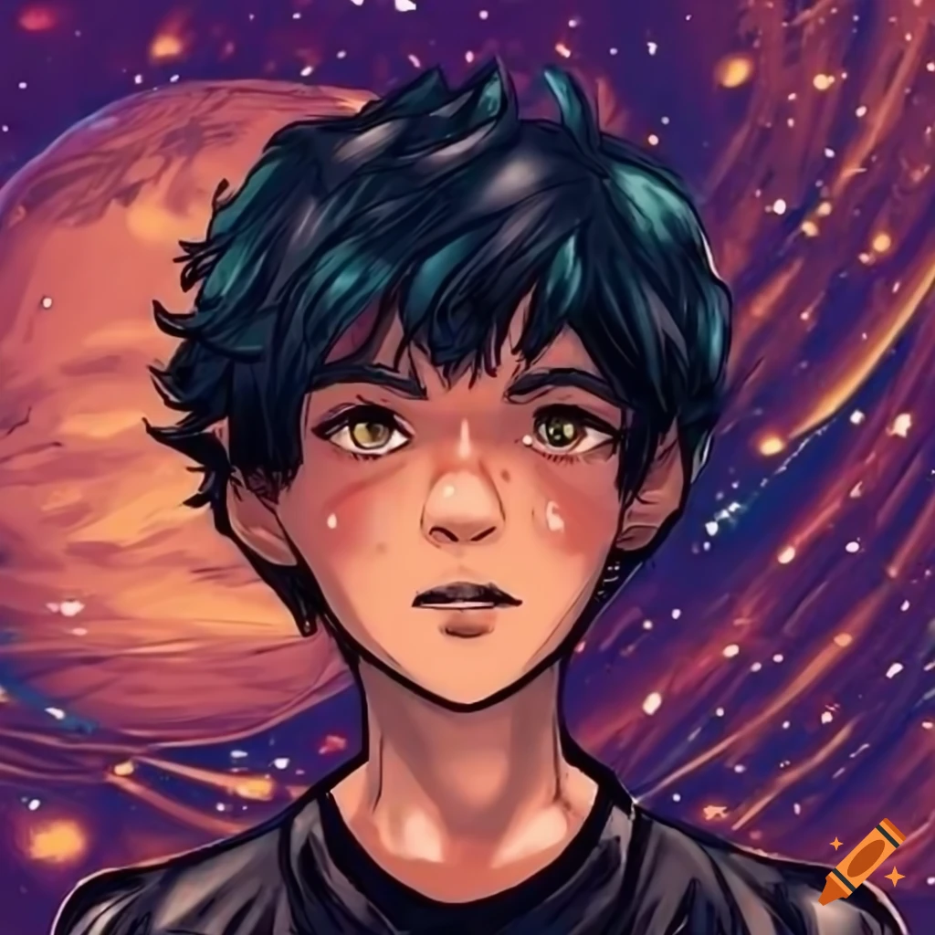 Comic style male with green eyes and blond hair in space with heart ...