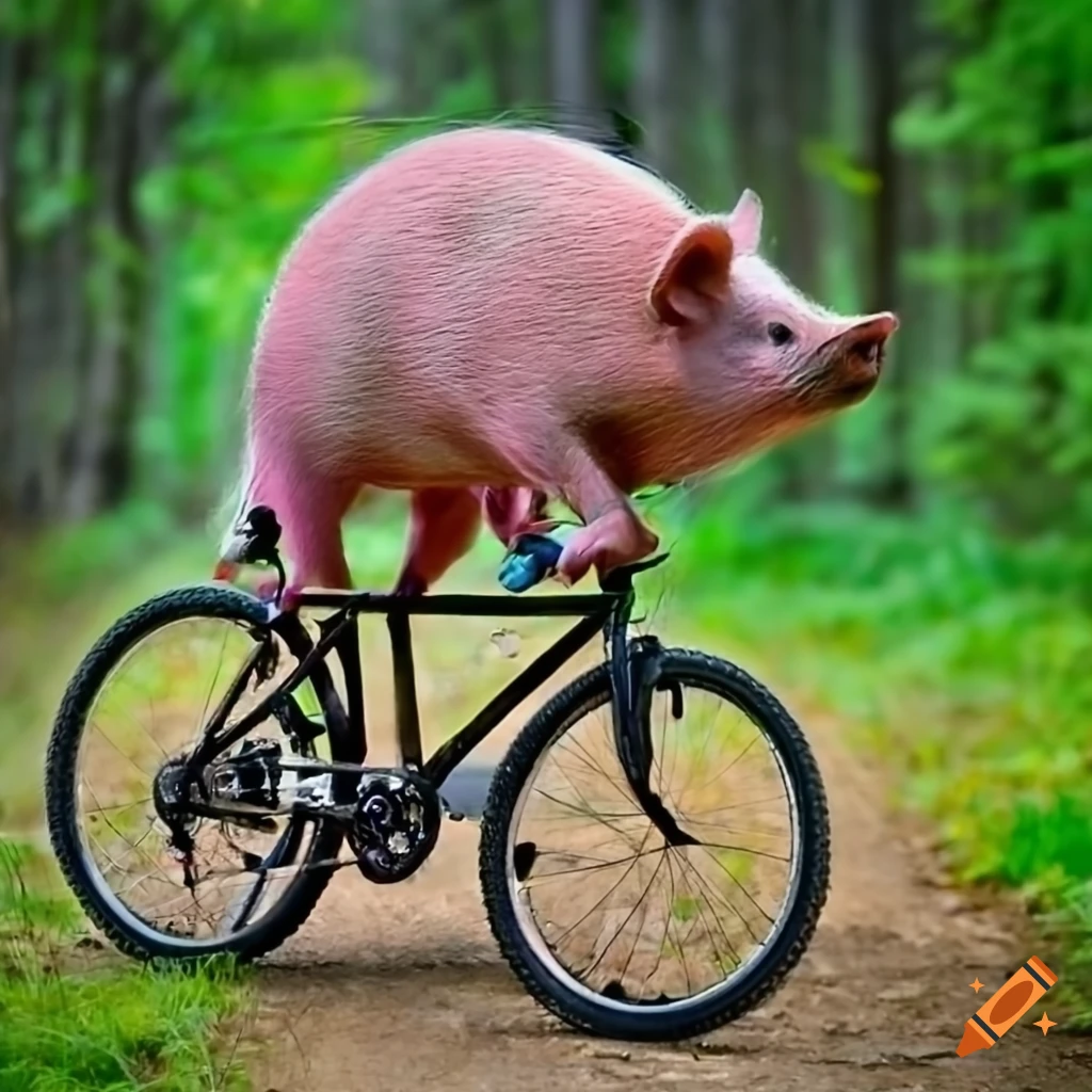 Realistic pig riding a bike in nature on Craiyon