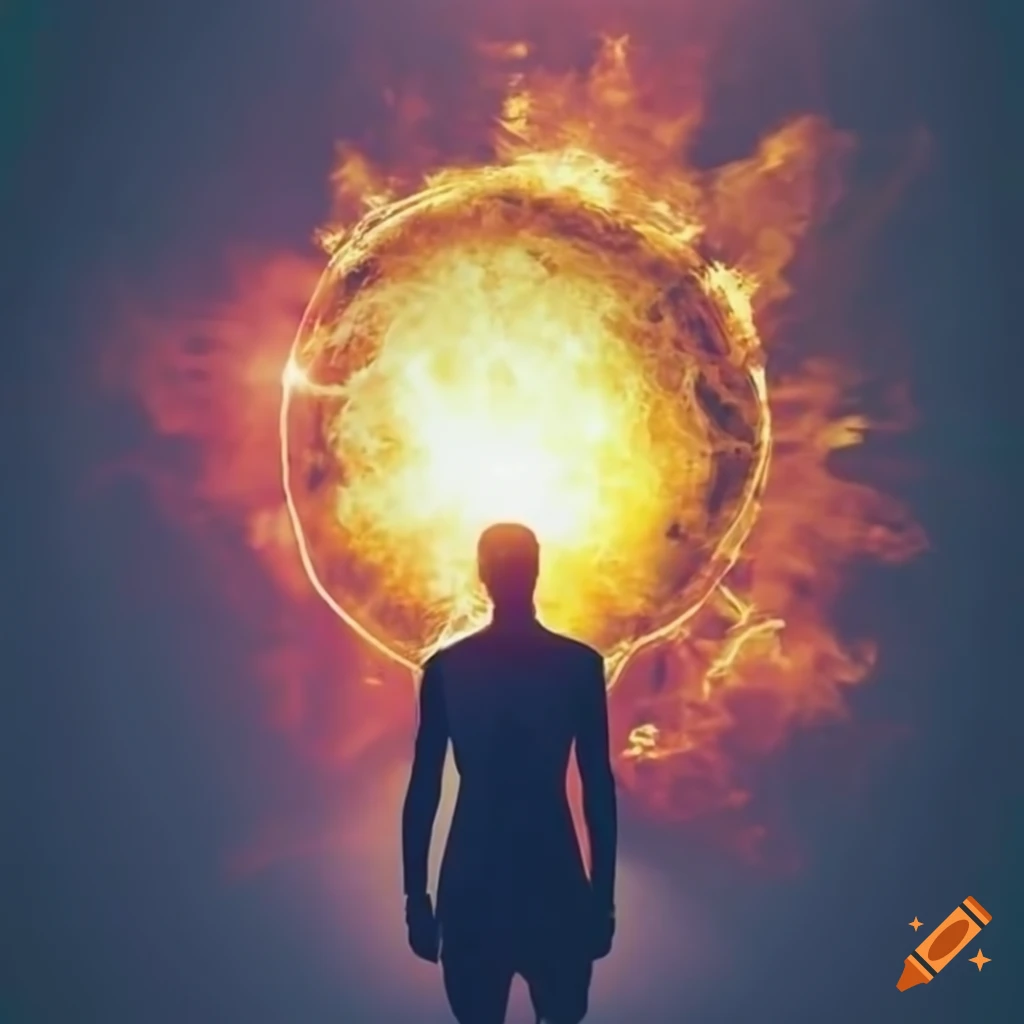 Silhouette of a hero in front of a glowing energy sphere