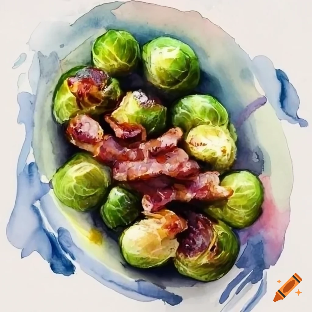 Watercolor painting of Balsamic Glazed Brussels Sprouts with Bacon on ...