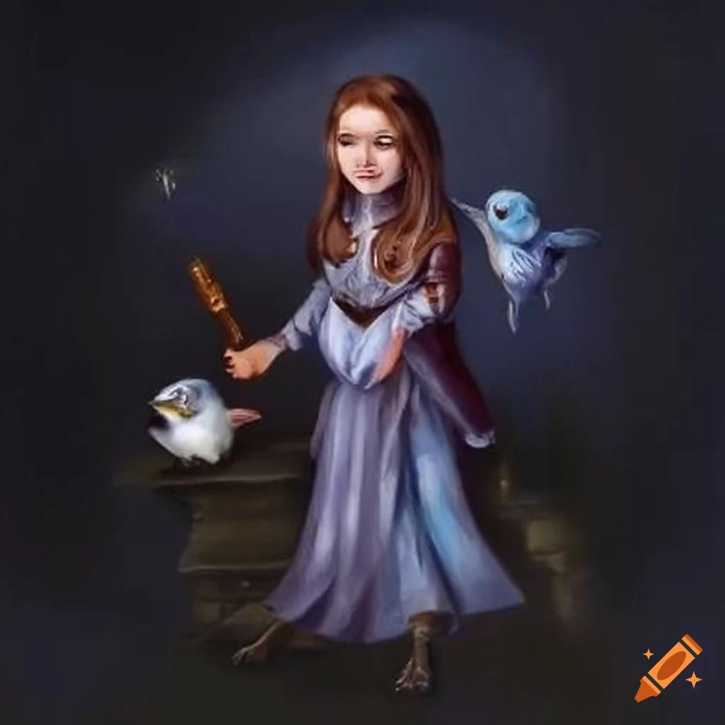 Illustration of a female Halfling priest with an owl on Craiyon