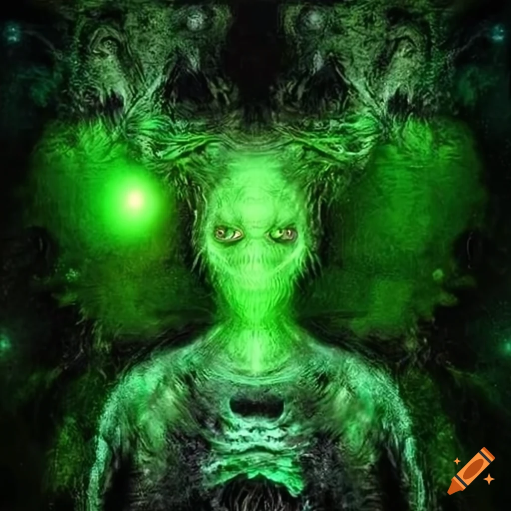 Electric green and black space artwork with a monstrous creature on Craiyon