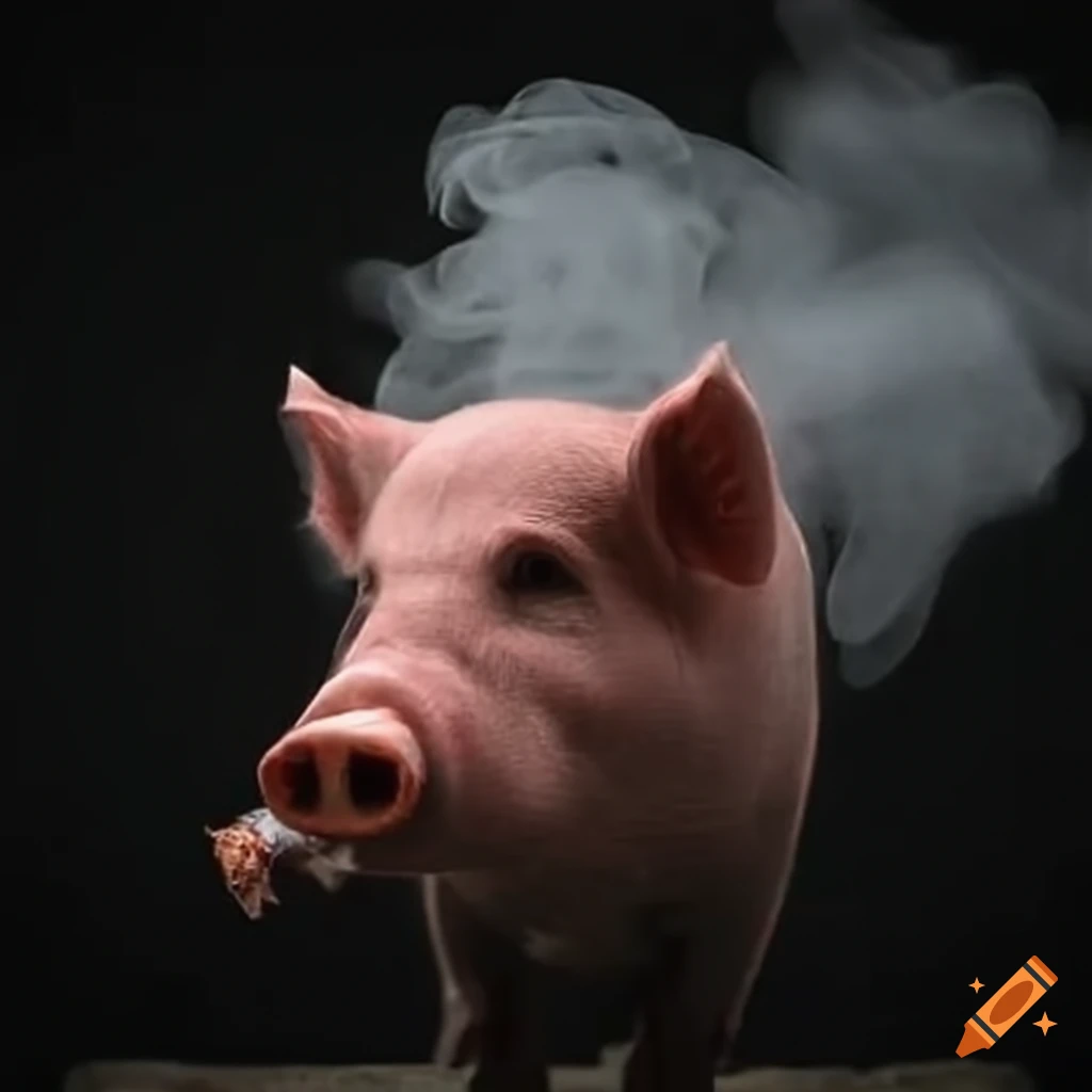 Humorous illustration of a flying pig with a joint on Craiyon