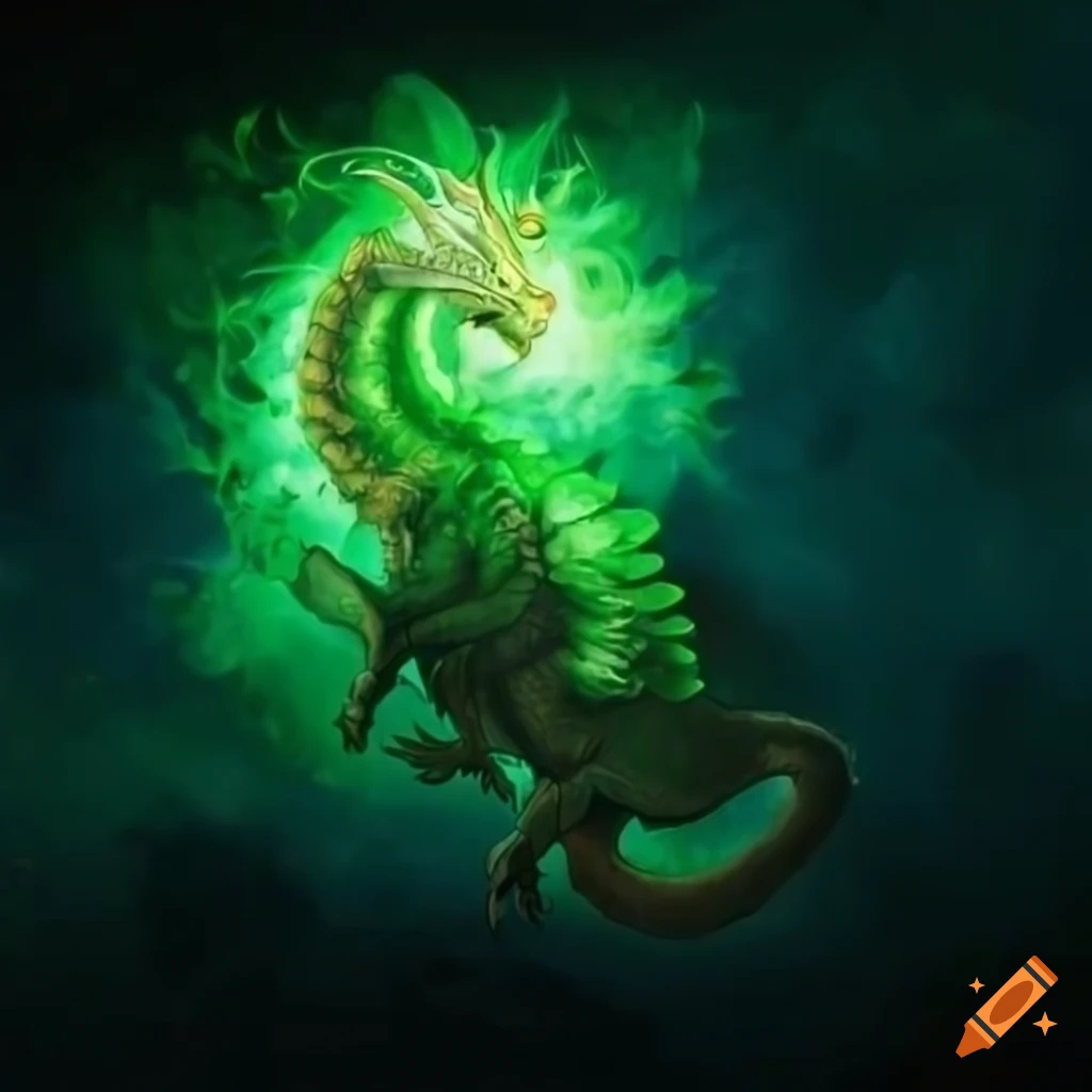 Illustration of a fiery green dragon on Craiyon