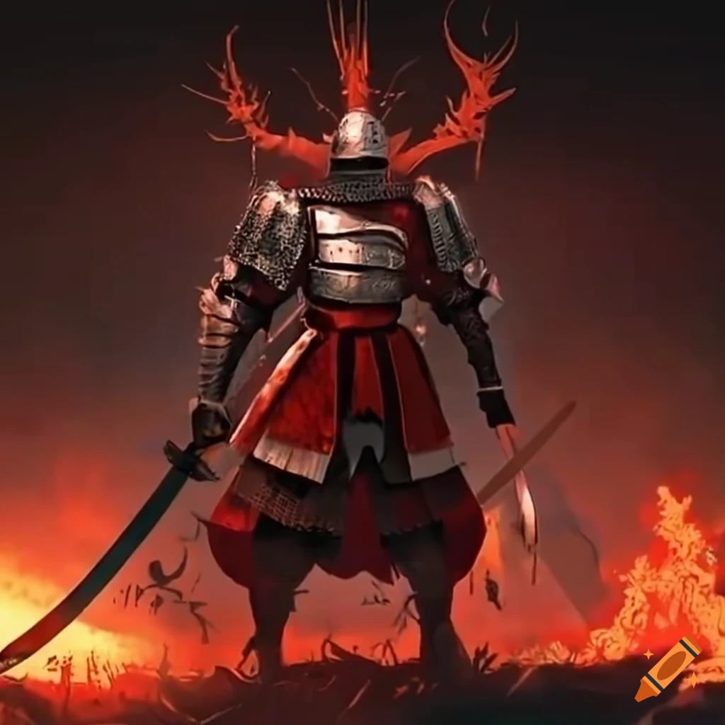 Epic battle scene with soldiers under red flares in the night on Craiyon