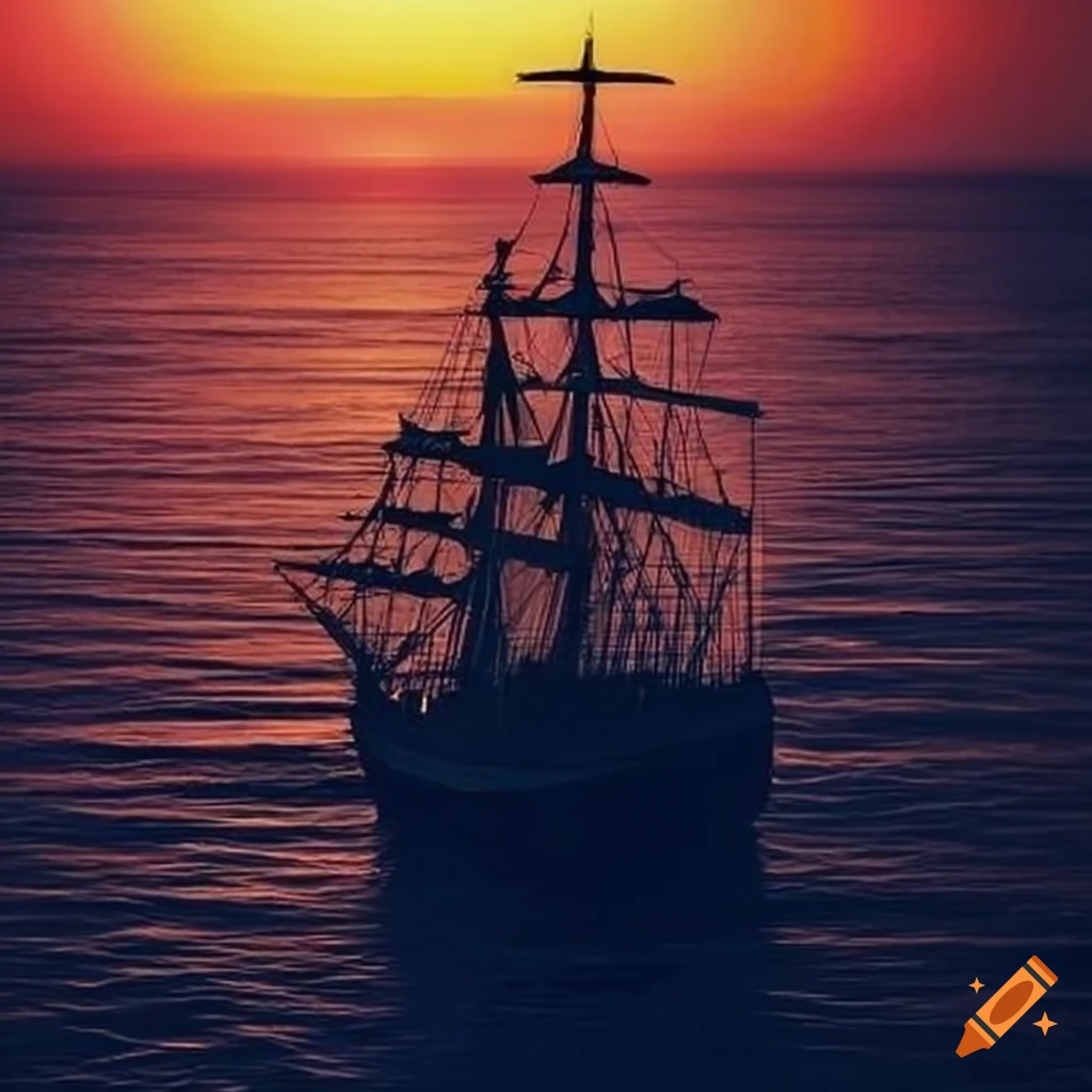 Old ship at sunset on the water on Craiyon