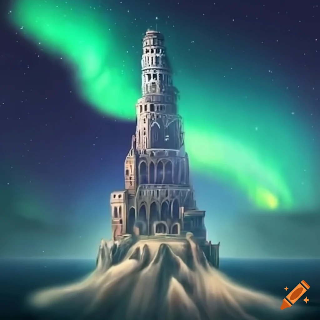 Anime artwork of tower of babel surrounded by a sky island and aurora ...