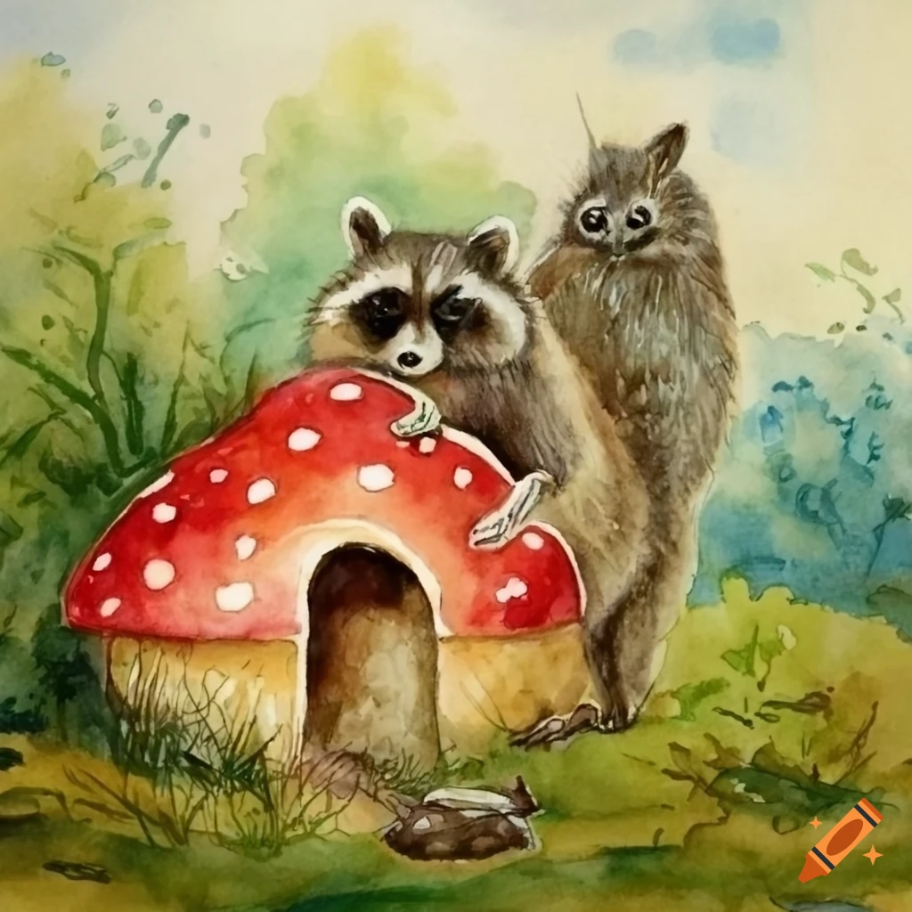 Watercolor pencil drawing of a raccoon and rabbit in a clearing on Craiyon
