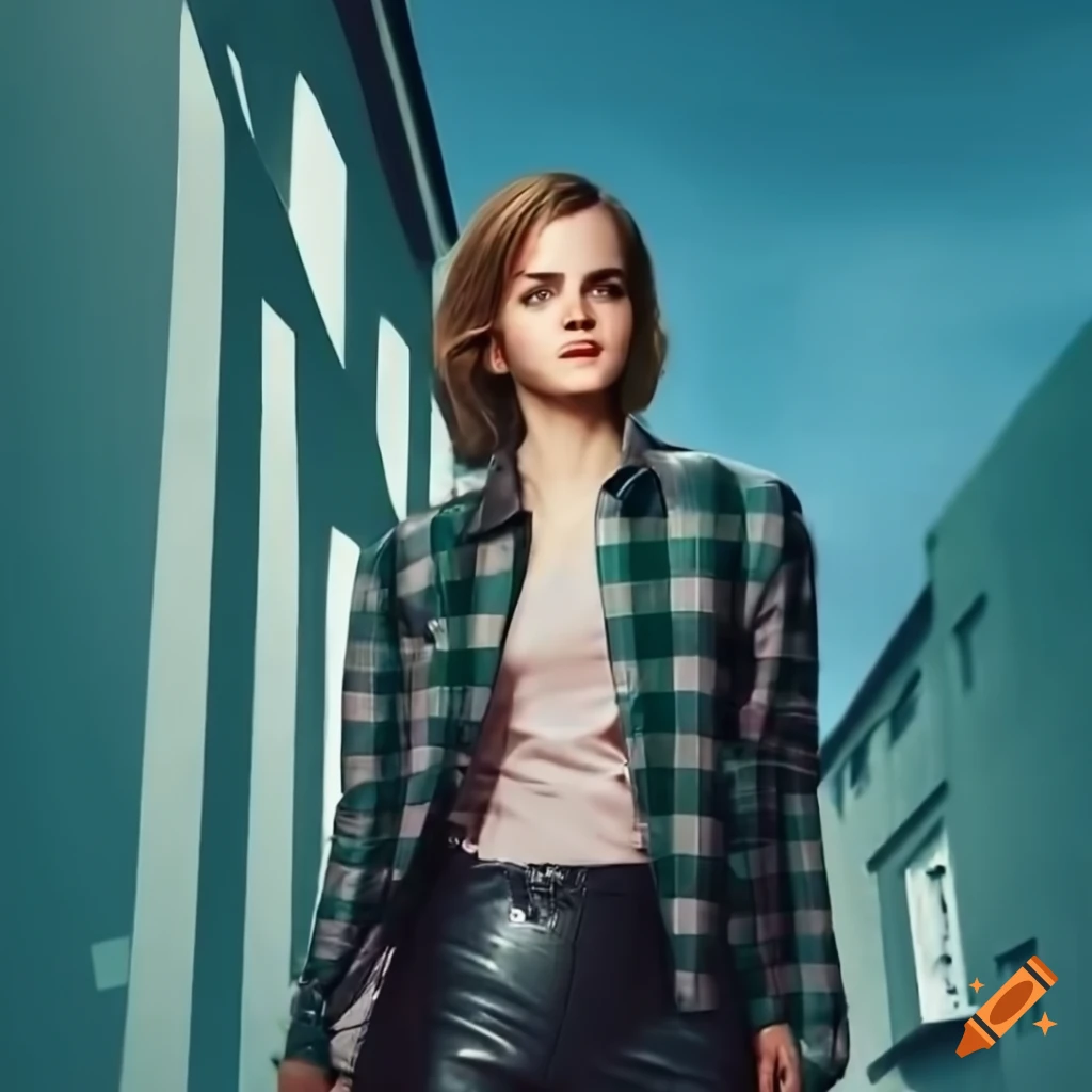 Detailed portrait of emma watson in plaid shirt and black leather ...