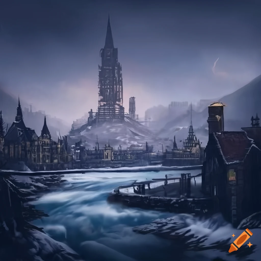 Steampunk city in a snowy landscape on Craiyon