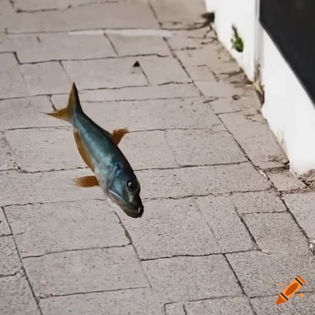Fish escaping on a sidewalk on Craiyon