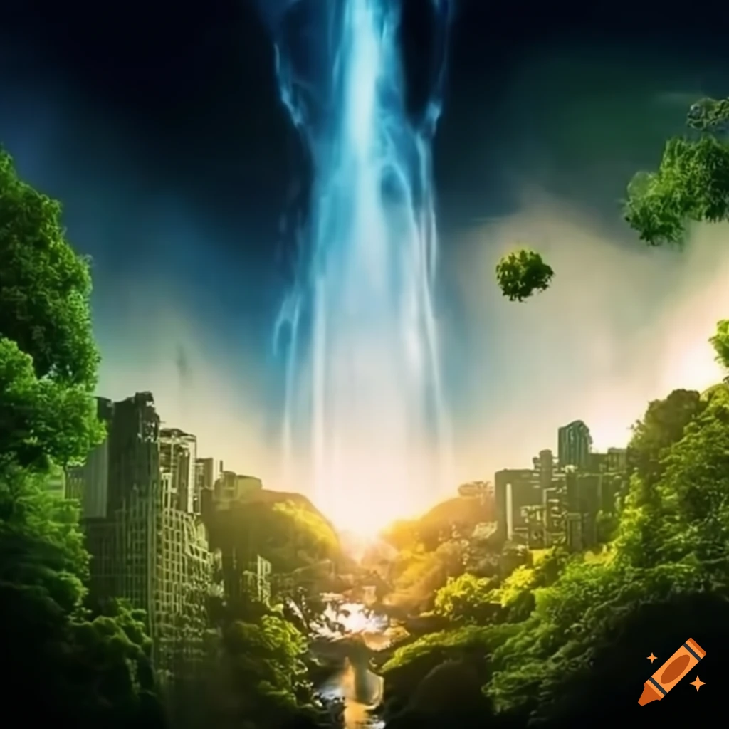 Floating white city surrounded by waterfalls and trees