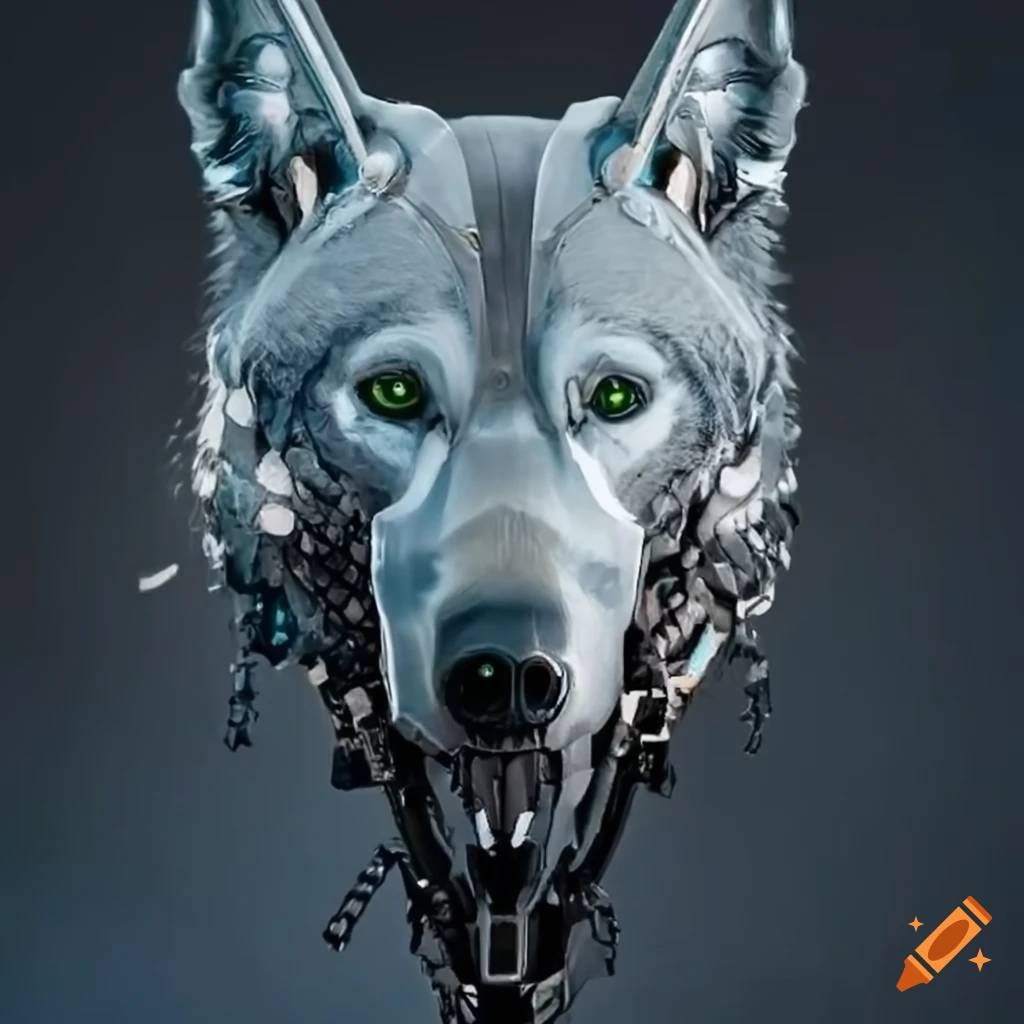 Head of a robotic wolf on Craiyon