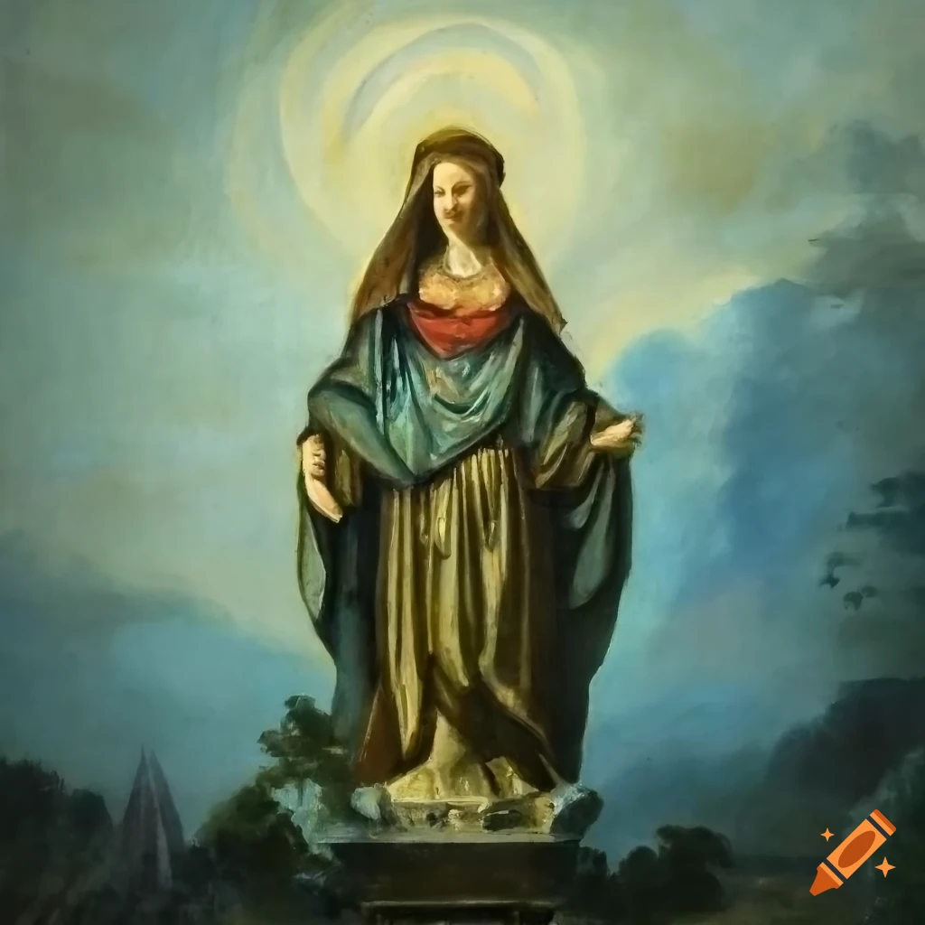 18th century painting of a stone statue of st. mary