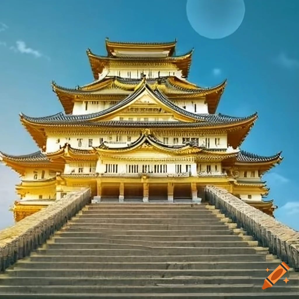 Front view of a golden japanese castle with stairs on Craiyon