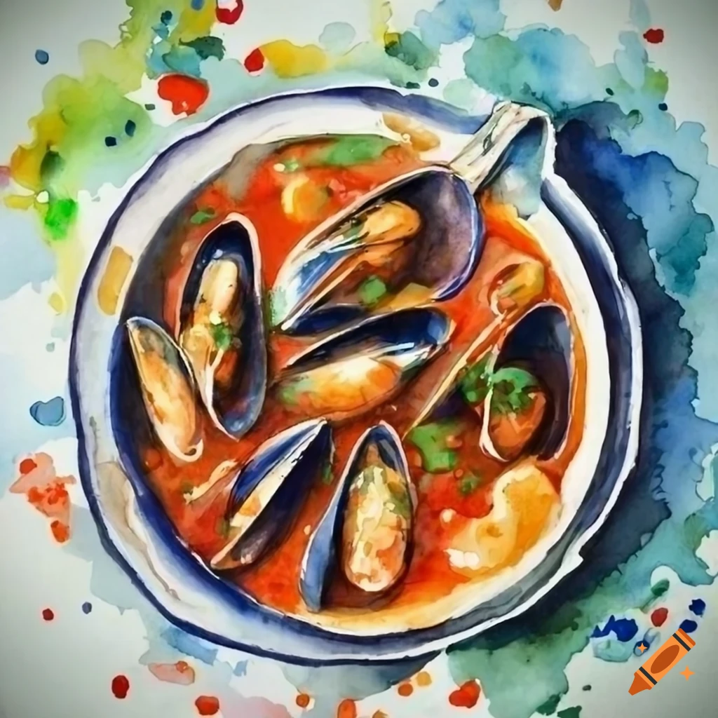 Watercolor painting of bouillabaisse seafood stew