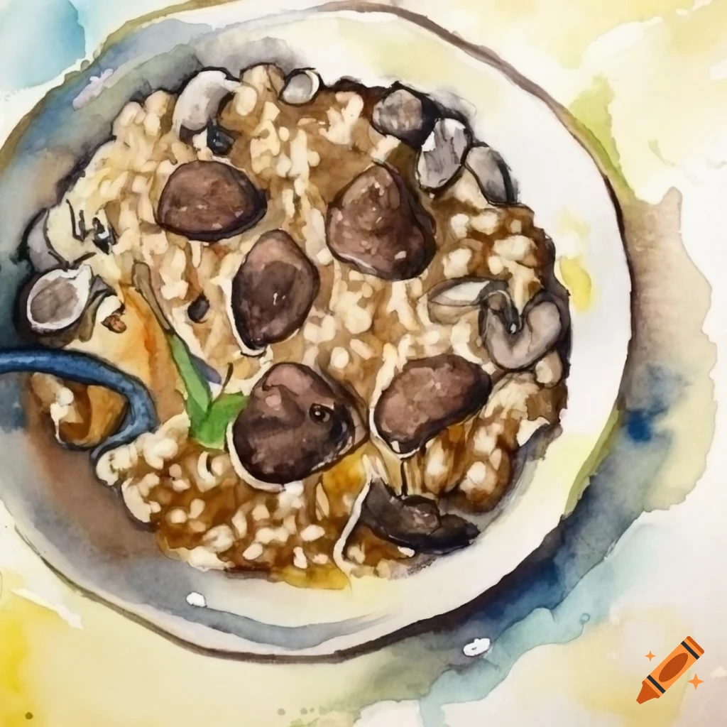 Watercolor painting of truffle and mushroom risotto on Craiyon