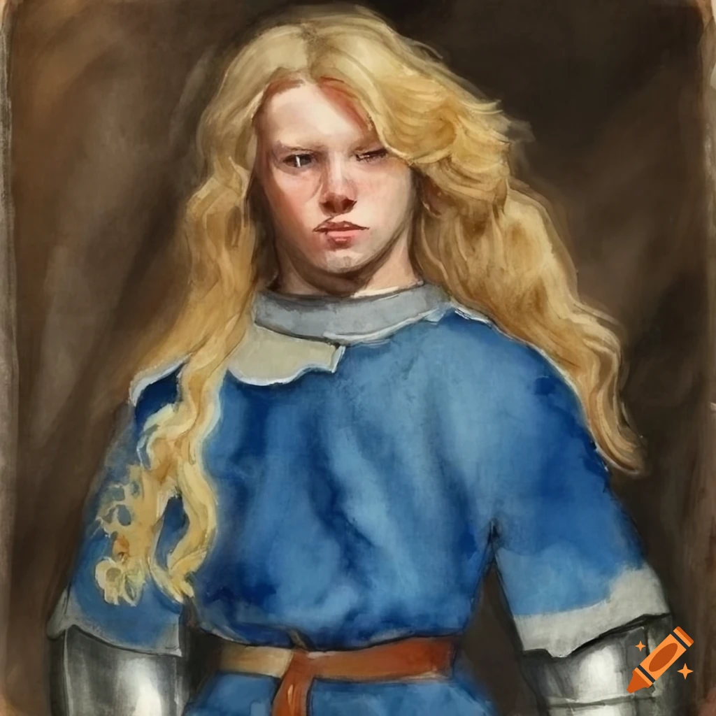 Oil painting of a blond long-haired medieval knight in blue tunic on ...