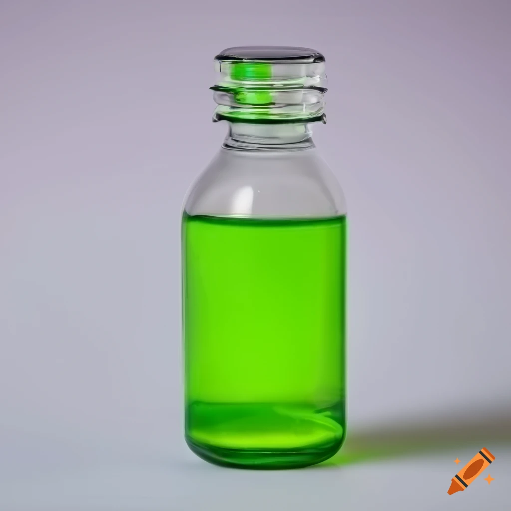 Small bottle of light green liquid on white background on Craiyon