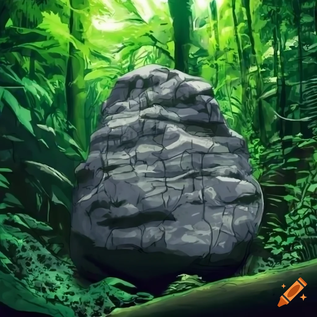 Manga style depiction of a large gray rock in the jungle