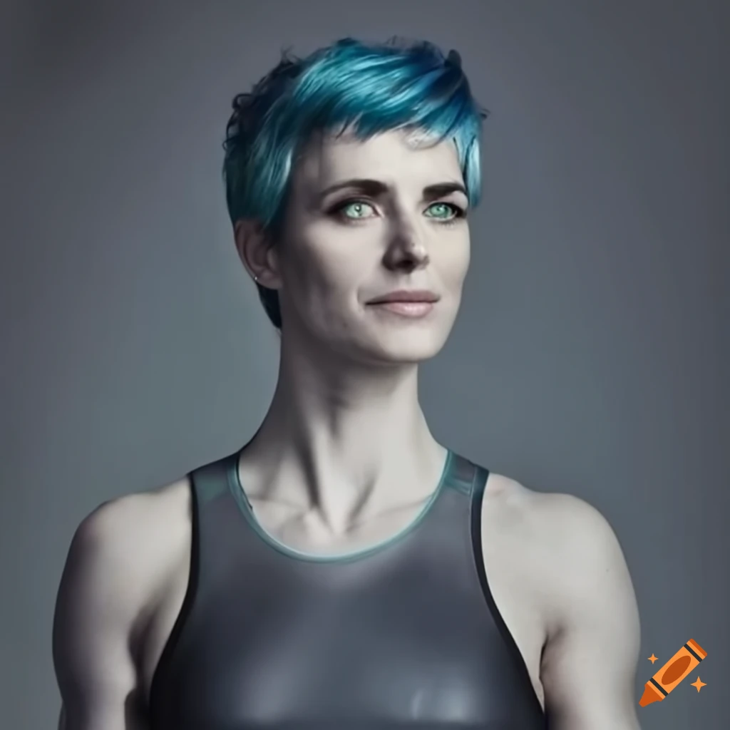 Cosplay of a futuristic woman with blue hair and green eyes on Craiyon Cosplay of a futuristic woman with blue hair and green eyes on Craiyon