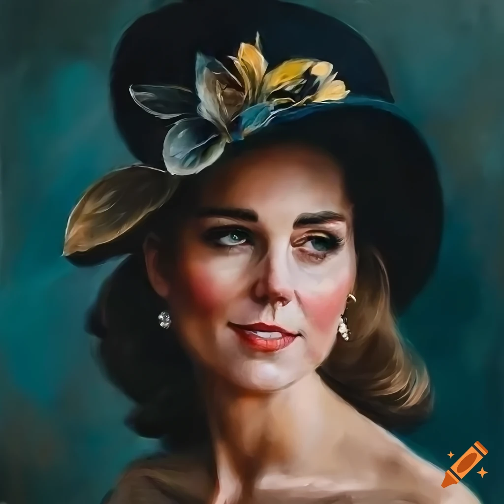 Portrait of young kate middleton with elegant hat in jewel tones on Craiyon